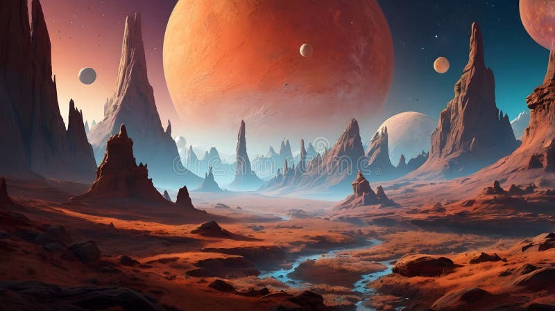 Alien Landscape with Giant Planets and Mountains. Stock Illustration - Illustration of solitude ...