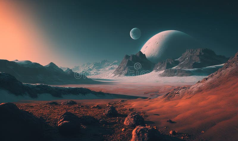 An Alien Landscape with Mountains and a Moon in the Sky Stock ...