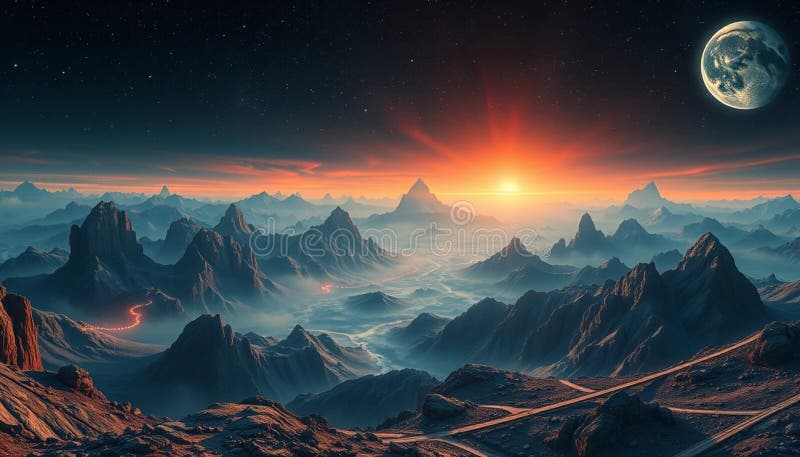 An Alien Landscape with Mountains and Planets in the Background ...