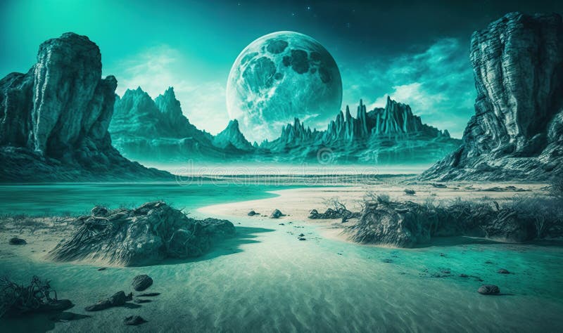 An Alien Landscape with Mountains, Rocks, and a Moon Stock Illustration ...