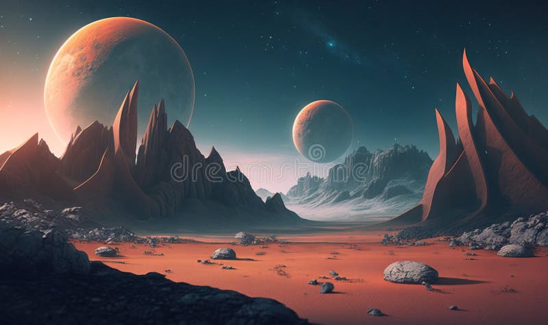 An Alien Landscape with Mountains, Rocks, and Planets in the Background ...