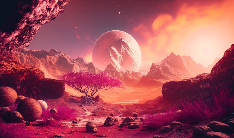 An Alien Landscape with a Pink Tree and Mountains in the Background ...