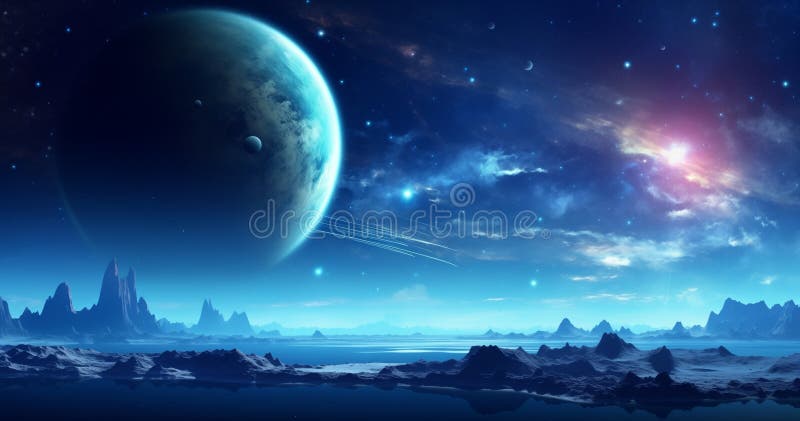 Alien Landscape with a Satellite Planet Hanging Low Over the Horizon ...