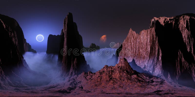 Alien Landscape at Star Rising, HDRI, 3d Rendering Stock Photo - Image ...
