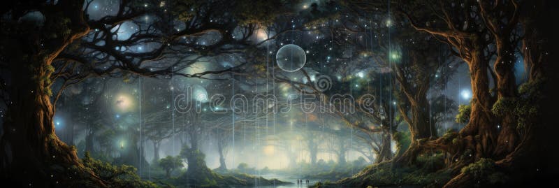 Alien Landscape with Strange Trees and Faraway Planets in the Sky ...