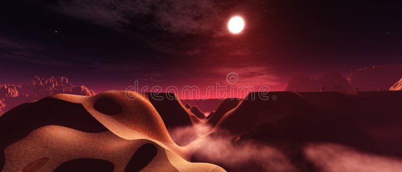 Alien Landscape at Star Rising, HDRI, 3d Rendering Stock Photo - Image ...