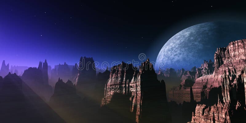 Alien Landscape at Star Rising, HDRI, 3d Rendering Stock Photo - Image ...