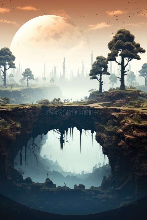 An Alien Landscape with Trees and a Cave, AI Stock Illustration ...