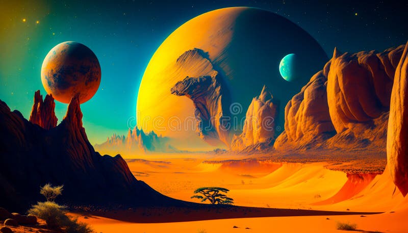 An Alien Landscape with Two Planets in the Desert. Generative AI Stock ...