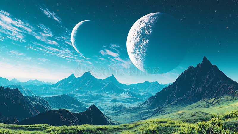 Alien Landscape with Two Planets and Mountain Range Stock Image - Image ...