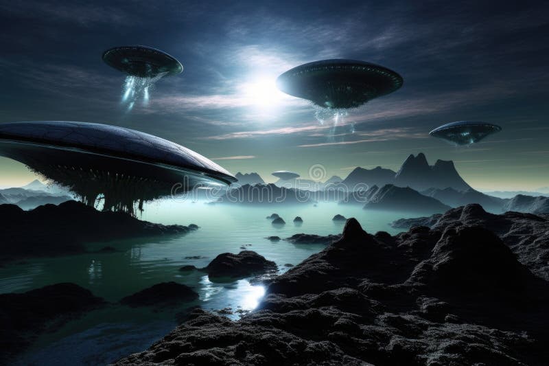 Alien Life Forms Hovering Over Planet, Surveying Its Surface Stock ...