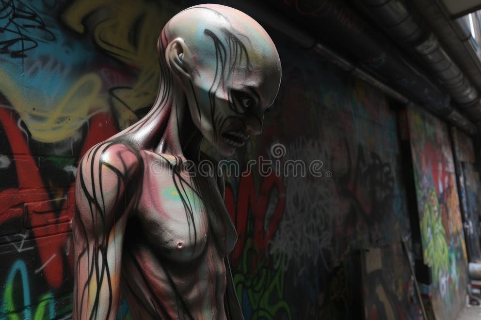 Alien Looking Down at Human, with Graffiti Writing on the Wall Behind ...
