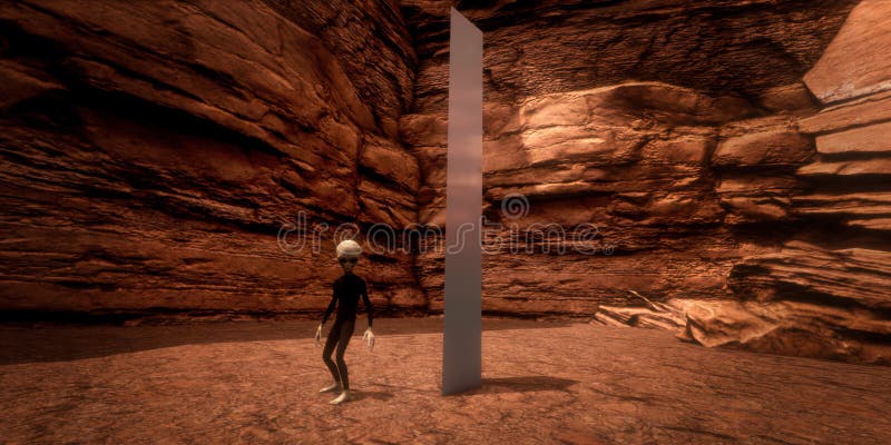 Alien Monolith Shiny Metal Object with Grey Alien in the Desert ...