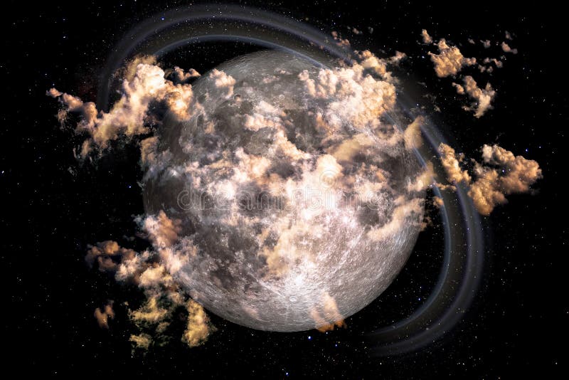 Alien Moon with Rings Around Visible through the Clouds of the ...