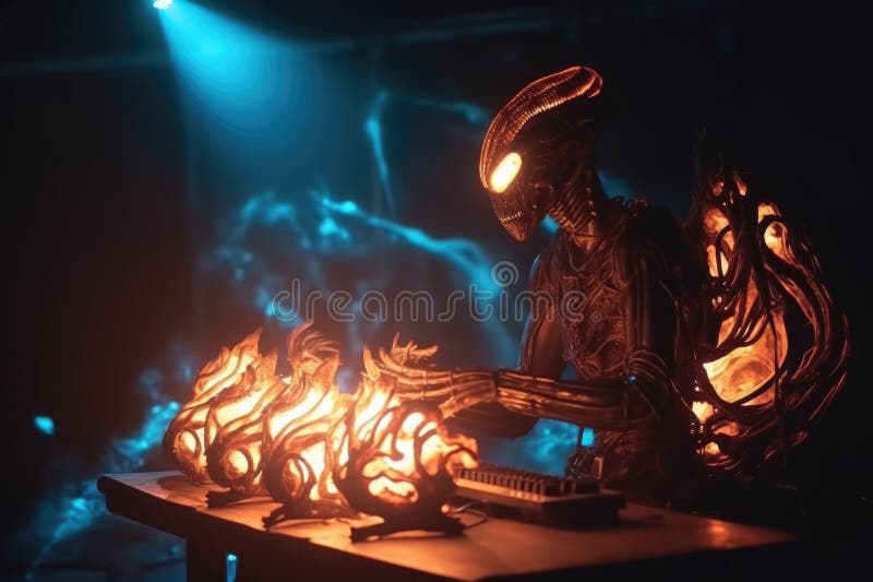 Alien Musician Performing with Light and Flame Show, Creating a Unique ...