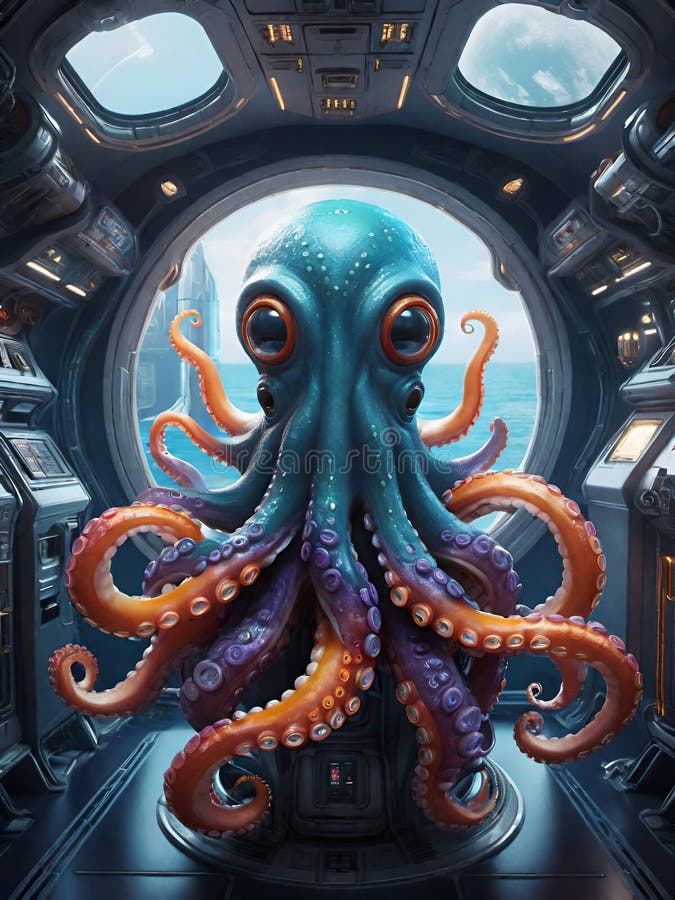 Alien Octopus Inside a Spaceship, Generative Ai Illustration, Science ...