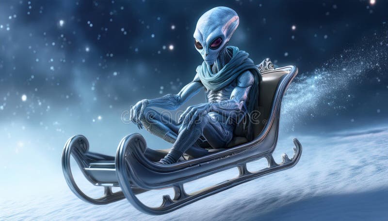 Alien one on snow sled stock illustration. Illustration of comics ...