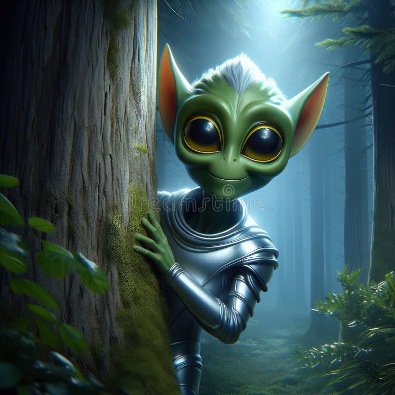 An Alien Peeks Out from Behind a Tree. Stock Illustration ...