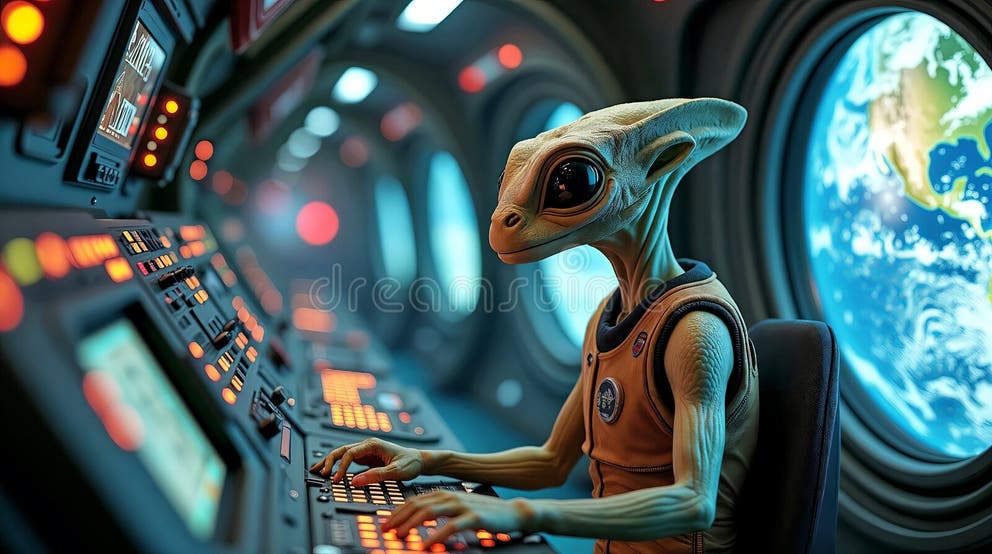 Alien Pilot Navigating Spaceship in Earth Orbit. Stock Illustration ...