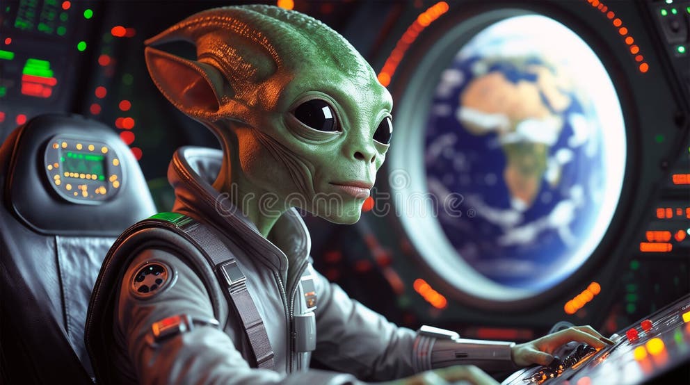 Alien Pilot Navigating Spaceship through the Porthole of Which the ...