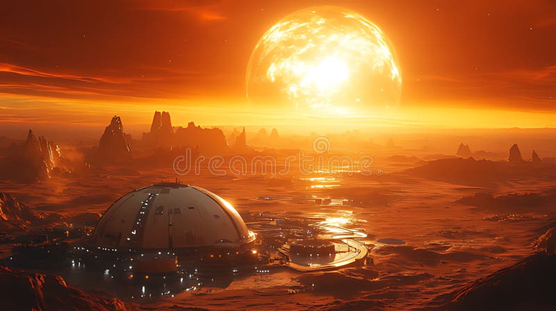Alien Planet Base at Sunset with a Large Red Sun Stock Illustration ...