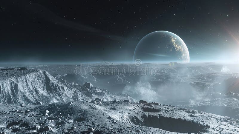Alien Planet with Craters and Distant Earth View Stock Illustration ...