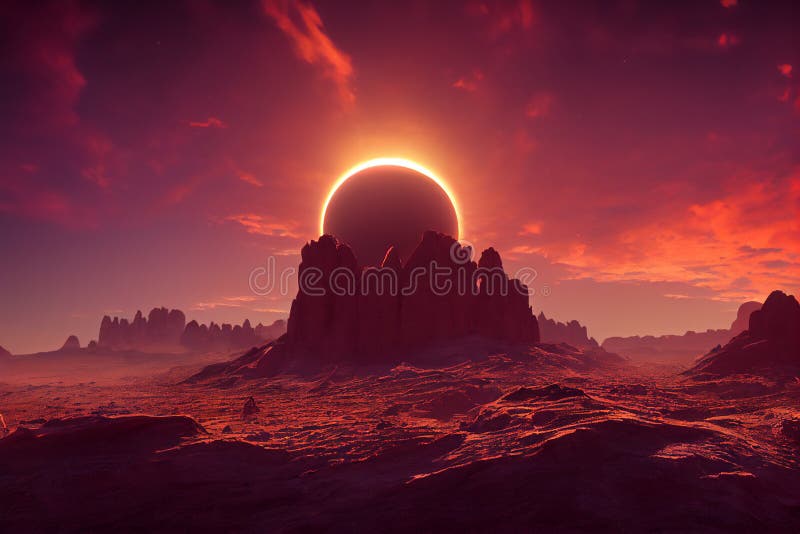 Alien Planet Desert Landscape Dramatic Sundown at Golden Hour 3d ...