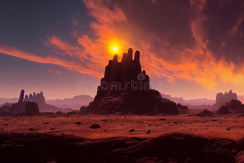 Alien Planet Desert Landscape Dramatic Sundown at Golden Hour 3d ...