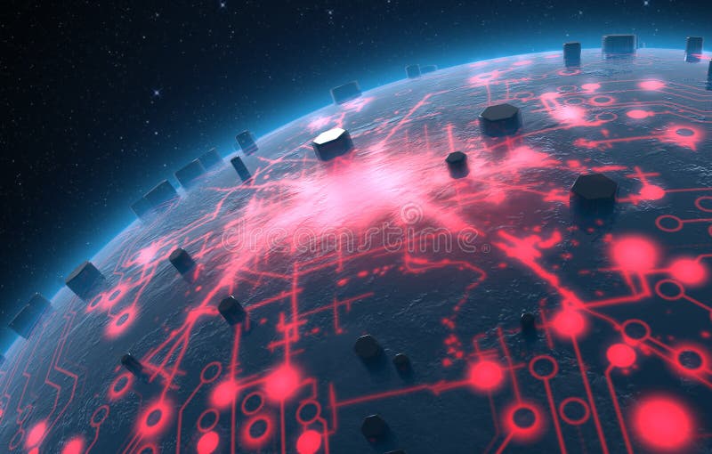 Alien Planet with Illuminated Network Stock Illustration - Illustration ...