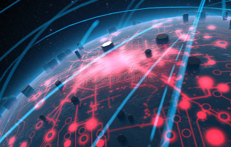 Alien Planet with Illuminated Network and Light Trails Stock ...