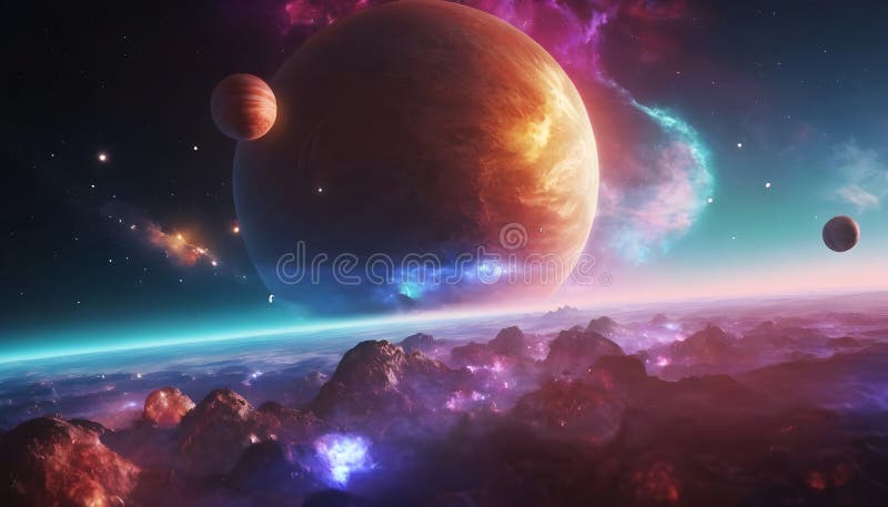 An Alien Planet and Its Planets are Seen in Space Environment Stock ...