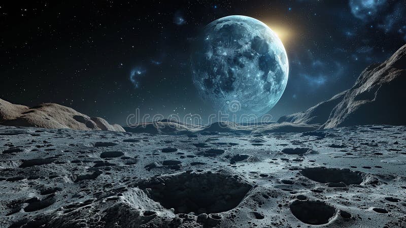 Alien Planet Landscape with Craters and Large Moon in the Sky Stock ...