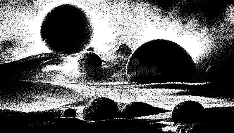 Alien Planet Landscape in Retro Dotwork Style. Planets and Satellites ...