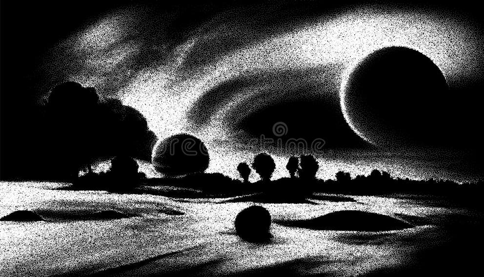 Alien Planet Landscape in Retro Dotwork Style. Planets and Satellites ...