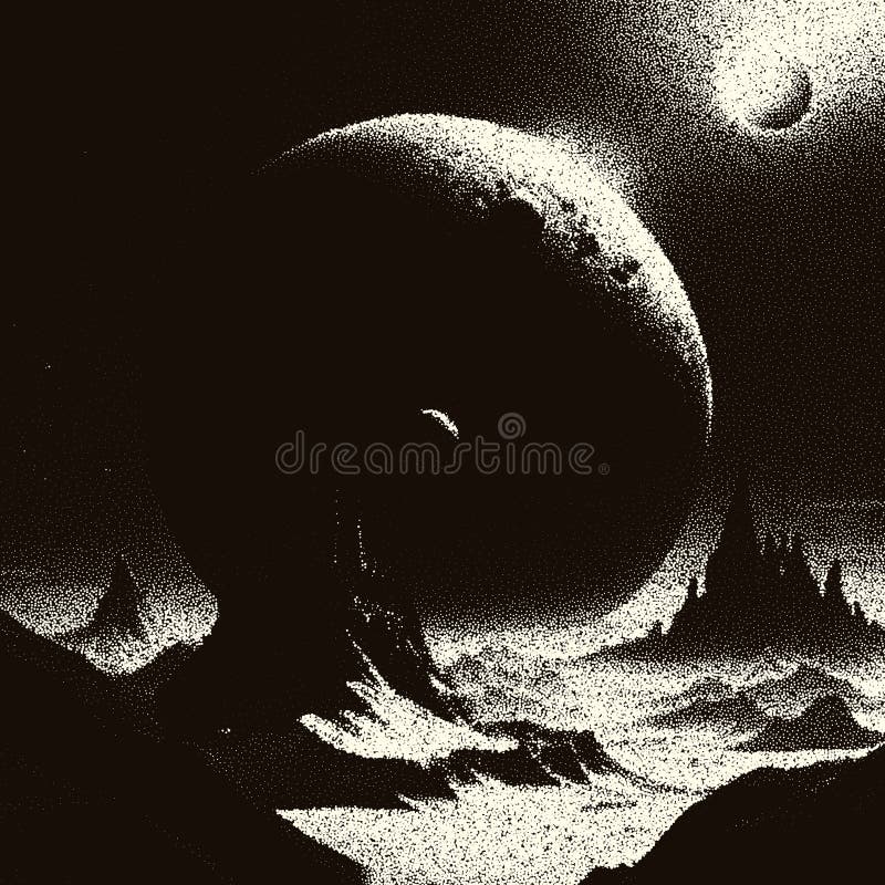 Alien Planet Landscape in Retro Dotwork Style. Planets and Satellites ...