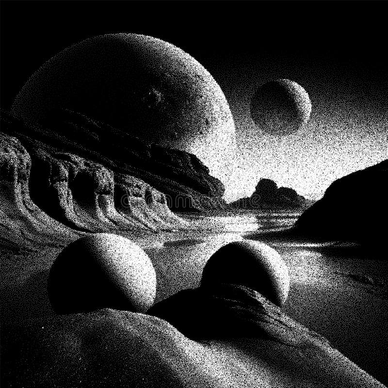 Alien Planet Landscape in Retro Dotwork Style. Planets and Satellites ...