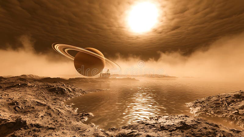 Alien Planet Landscape with Rings, Sun, and Structure Stock Image ...