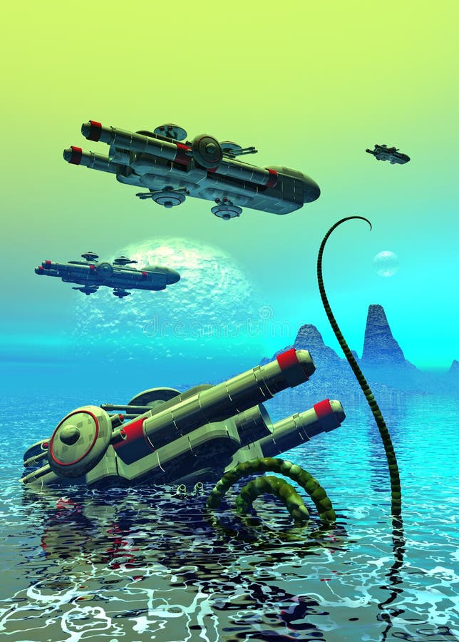Alien Green Robots Patrol, Invading a Planet, 3d Illustration Stock ...