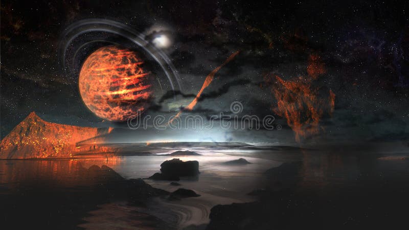Alien Planet with Moons and Mountains Landscape. Stock Illustration ...