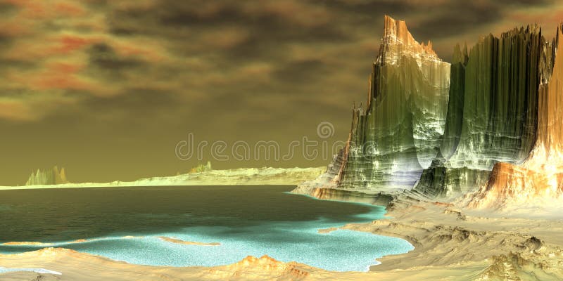 Alien Planet. Mountain and Lake. 3D Rendering Stock Illustration ...