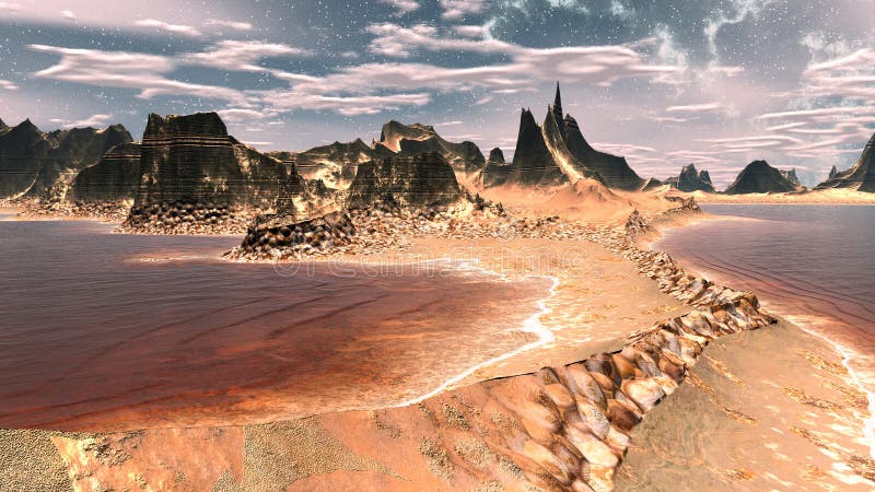 Alien Planet. Mountain and Water. 3D Rendering Stock Illustration ...