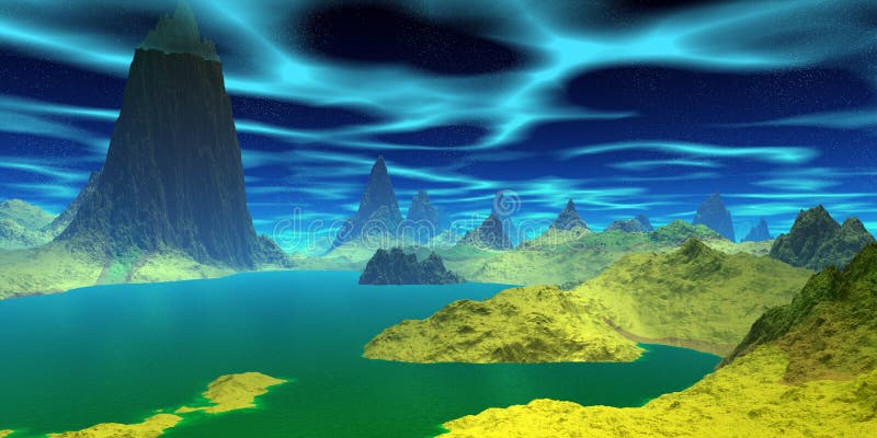 Alien Planet. Mountain and Water. 3D Rendering Stock Illustration ...