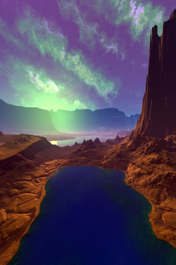 Alien Planet. Mountain and Water. 3D Rendering Stock Illustration ...