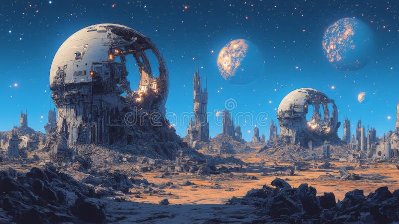 Alien Planet Night Landscape with Pixel Art Structures Stock ...