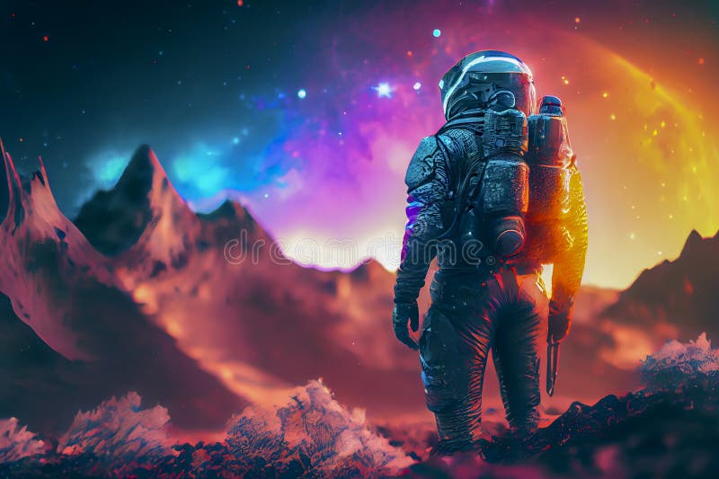 Alien Planet with a Spaceman, Sci-fi Ai Illustration Stock Illustration ...