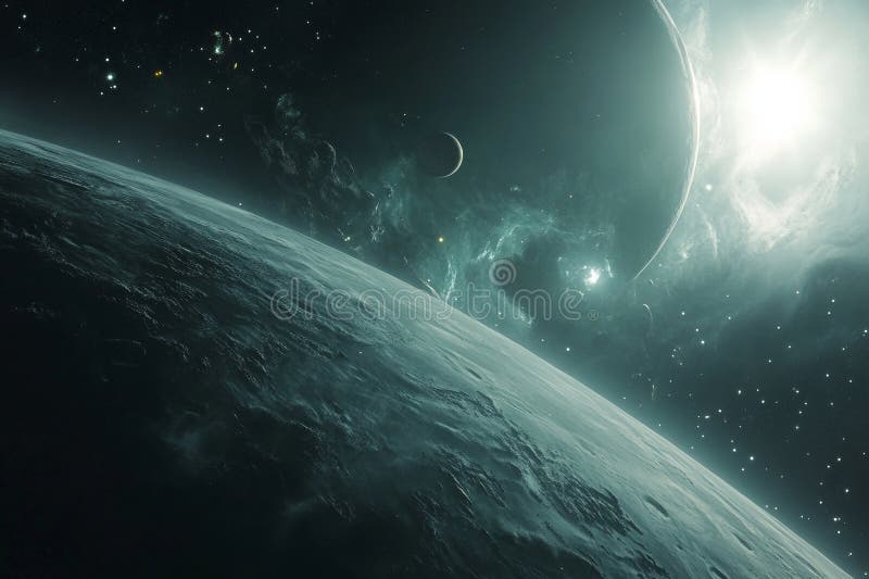 Alien Planet Surface with Gas Giant and Distant Sun in Orbit, Space ...