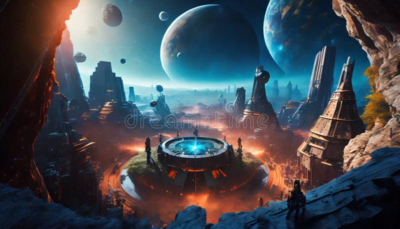 Alien Planet Surface Looking into Space with Other Planets Stock Image ...