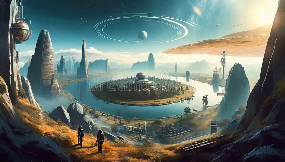 Alien Planet Surface Looking into Space with Other Planets Stock ...