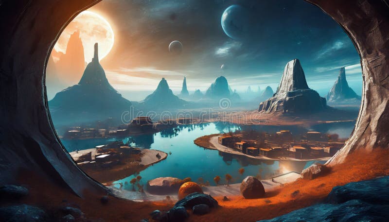 Alien Planet Surface Looking into Space with Other Planets Stock ...