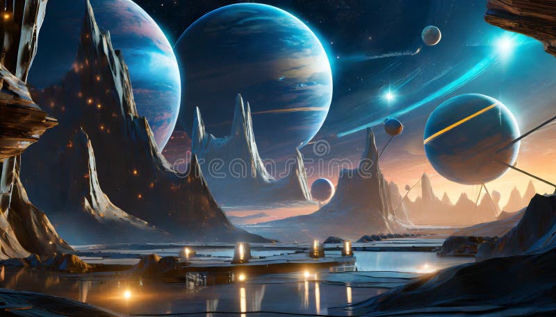 Alien Planet Surface Looking into Space with Other Planets Stock ...